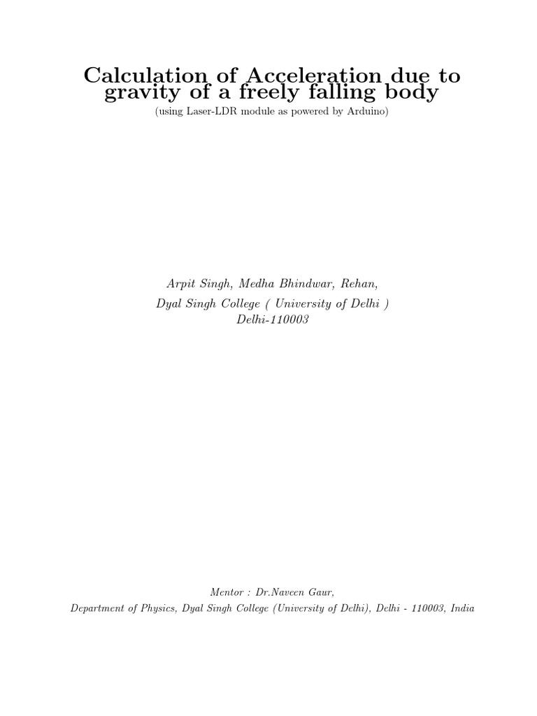 Calculation of Acceleration Due To Gravity of A Freely Falling Body ...