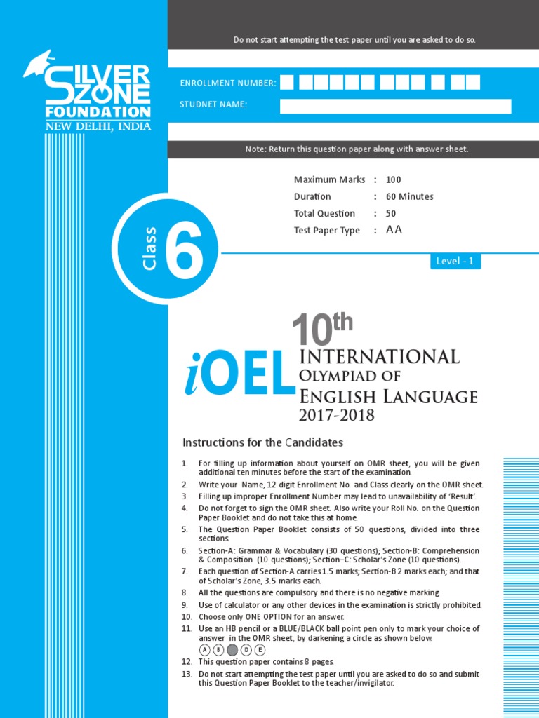 Class 6 Ioel 2017 | PDF | Noun | Adverb