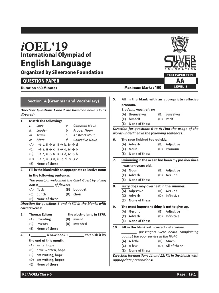 Section-A (Grammar and Vocabulary) : REF/iOEL/Class-6 | PDF | Noun | Adverb