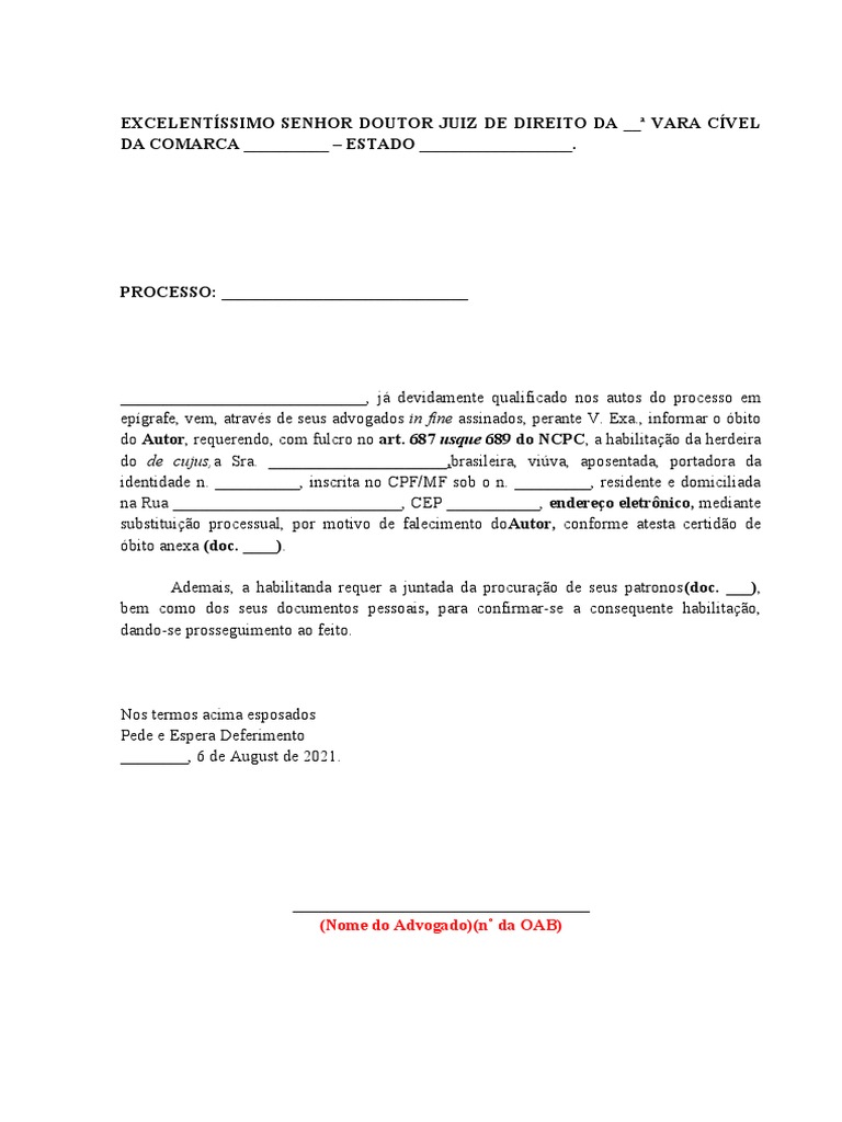Petição Habilitação de Herdeiro Espólio Modelo. | PDF Petição Habilitação de Herdeiro Espólio Modelo. | PDF