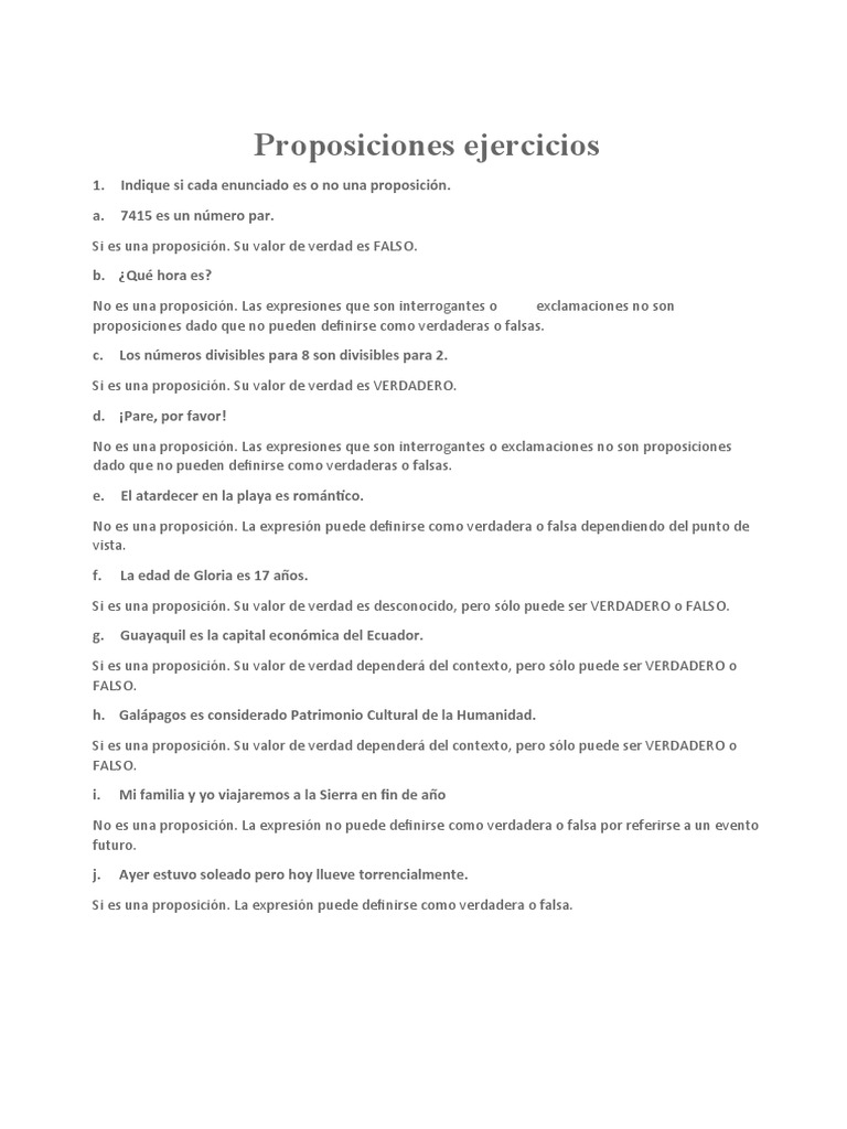 Proposiciones Ejercicios | PDF | Proposición | Verdad