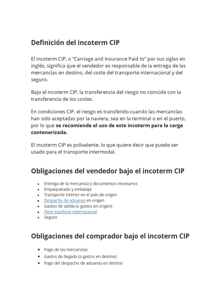 Incoterm CIP: Definición y Obligaciones | PDF | Derecho privado | El ...