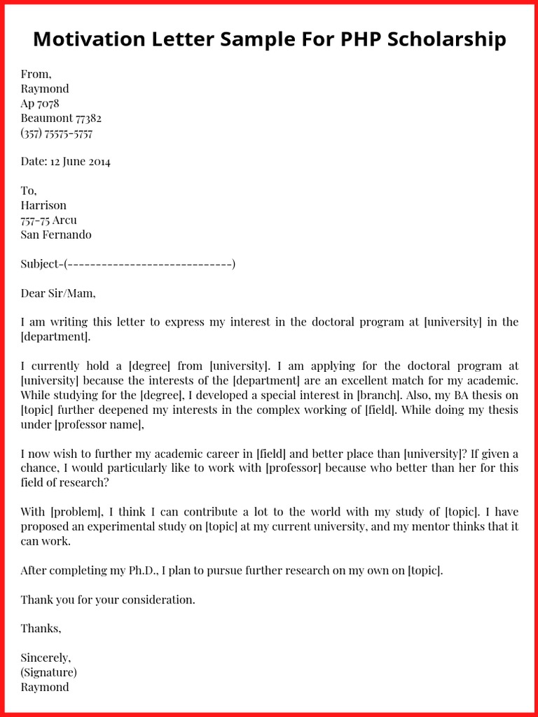 Motivation Letter Sample For PHD Scholarship | PDF