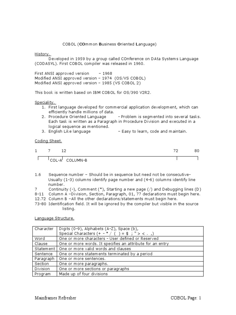 Mainframes Refresher COBOL Page: 1 | PDF | Binary Coded Decimal | Array ... Mainframes Refresher COBOL Page: 1 | PDF | Binary Coded Decimal | Array ...