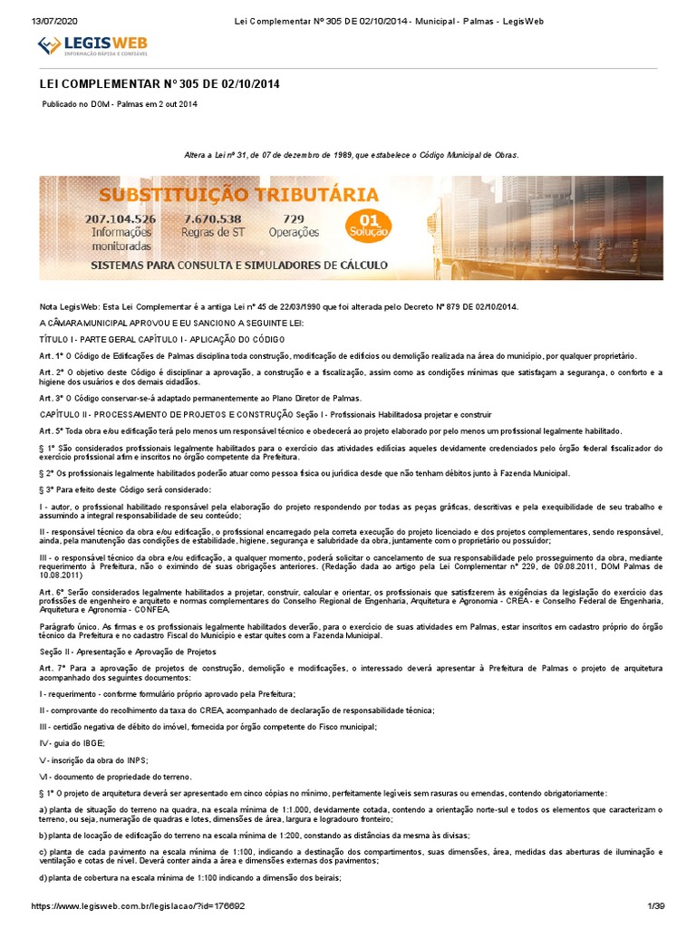 Lei Complementar #305 DE 02 - 10 - 2014 - Municipal - Palmas - CODIGO DE OBRAS | PDF