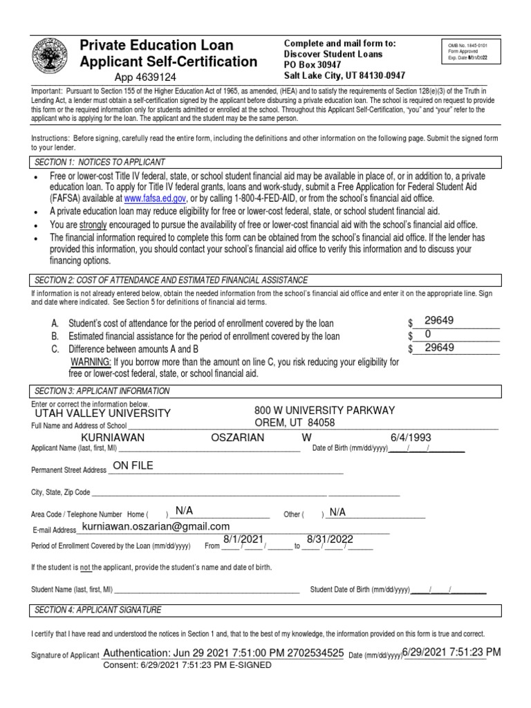 Private Education Loan Applicant Self-Certification: WWW - Fafsa.ed ...