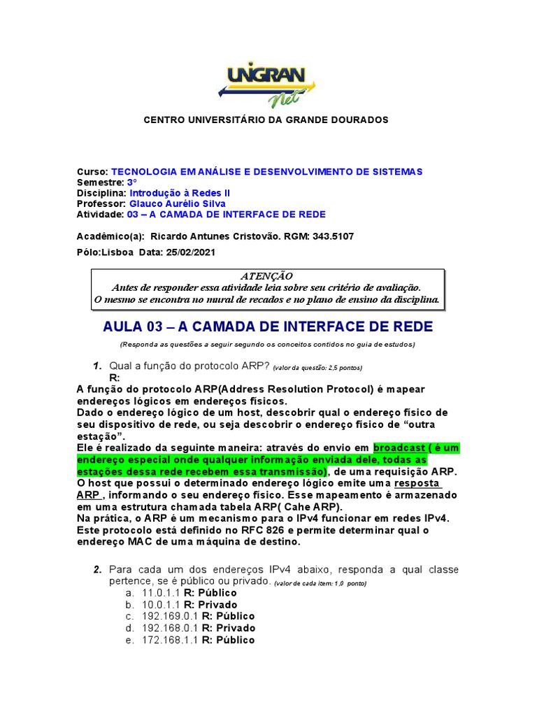 Atividade Aula 03 | PDF | Rede de computadores | Informática