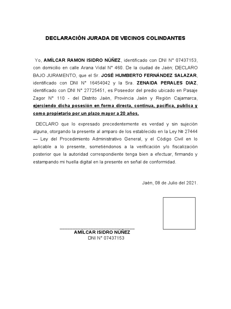 Declaración Jurada de Vecinos Colindantes | PDF | Gobierno | Justicia Declaración Jurada de Vecinos Colindantes | PDF | Gobierno | Justicia
