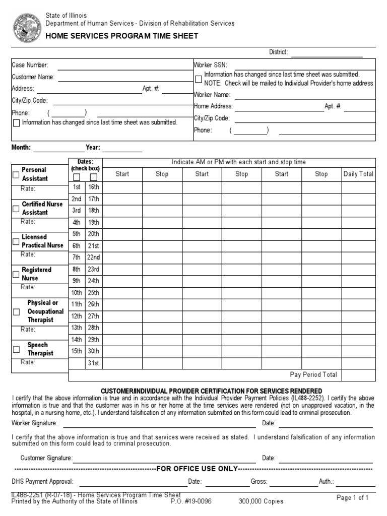 Home Services Program Time Sheet: Dates: (Check Box) | PDF