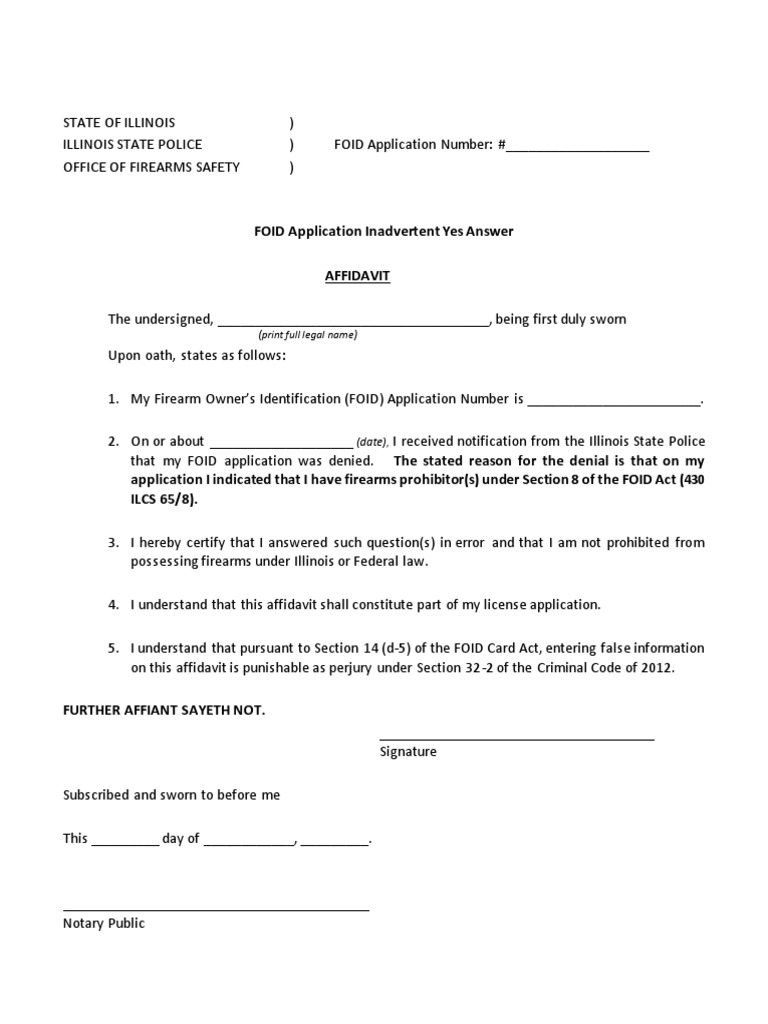 FOID Application Inadvertent Yes Answer Affidavit | PDF