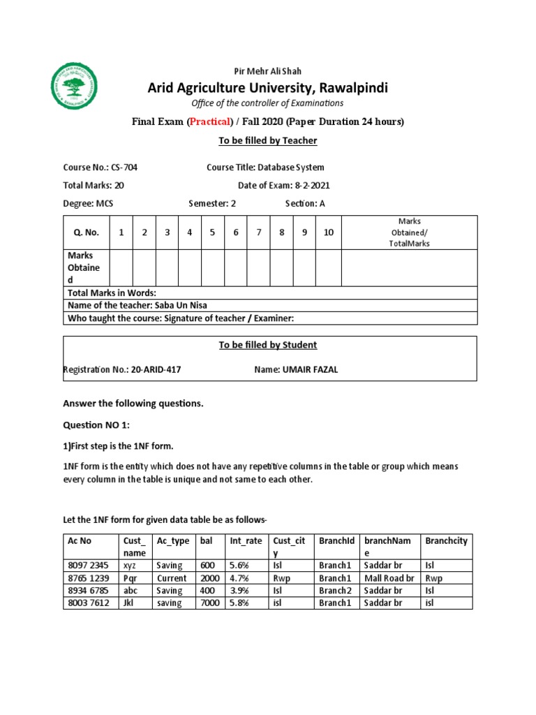 Database exam questions and answers from Arid Agriculture University ...