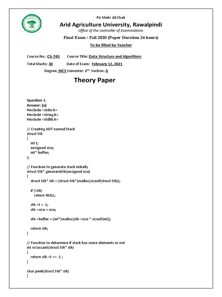 Theory Paper: Arid Agriculture University, Rawalpindi | PDF | Queue ...