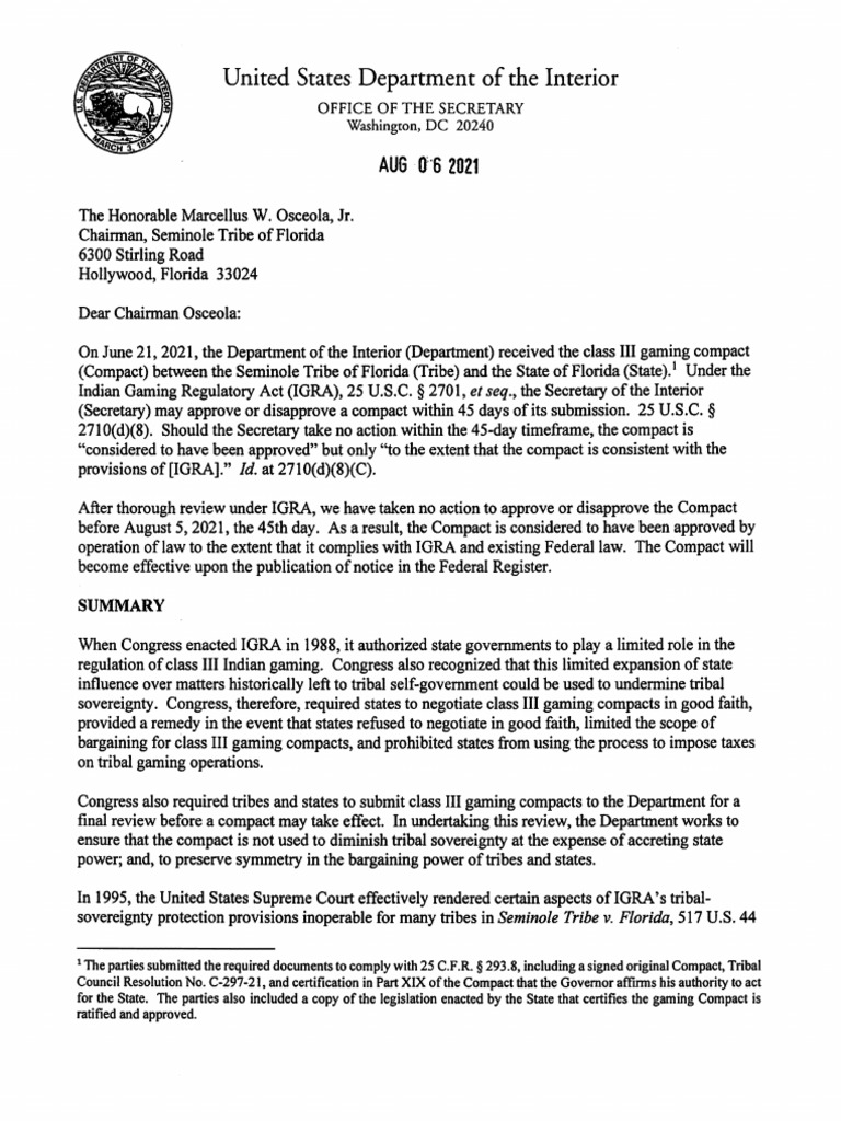 Seminole Tribe Gaming Compact Approval | PDF | Justice | Crime & Violence