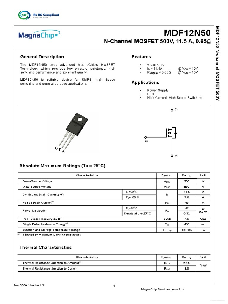 Datasheet MDF 12N50 Magnachips | PDF | Field Effect Transistor | Diode