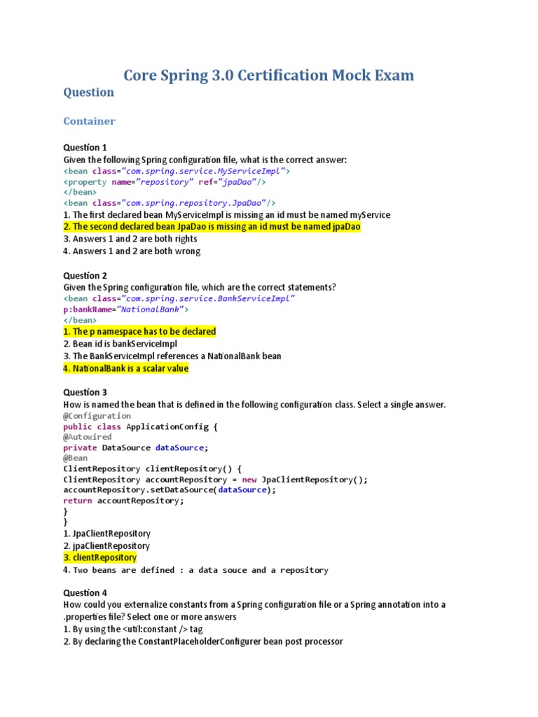 Core Spring 3.0 Certification Mock Exam: Container | Download Free PDF ...