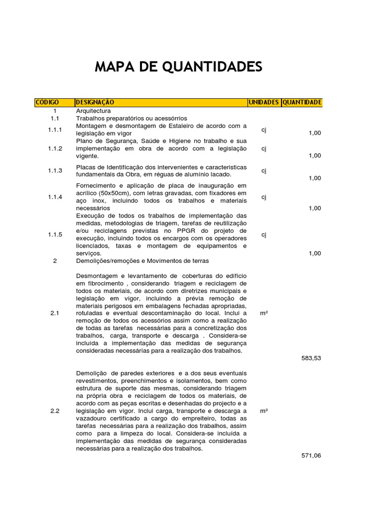 Mapa de Quantidades | PDF | Argamassa (alvenaria) | Alvenaria