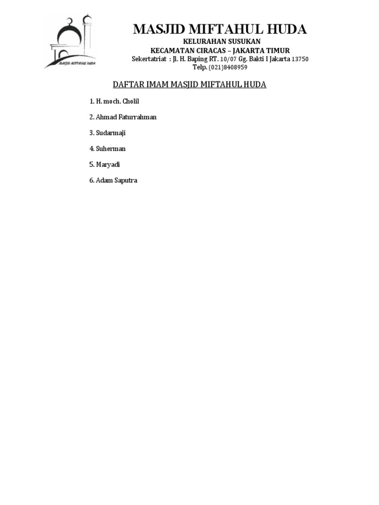 Daftar Imam Masjid Miftahul Huda | PDF