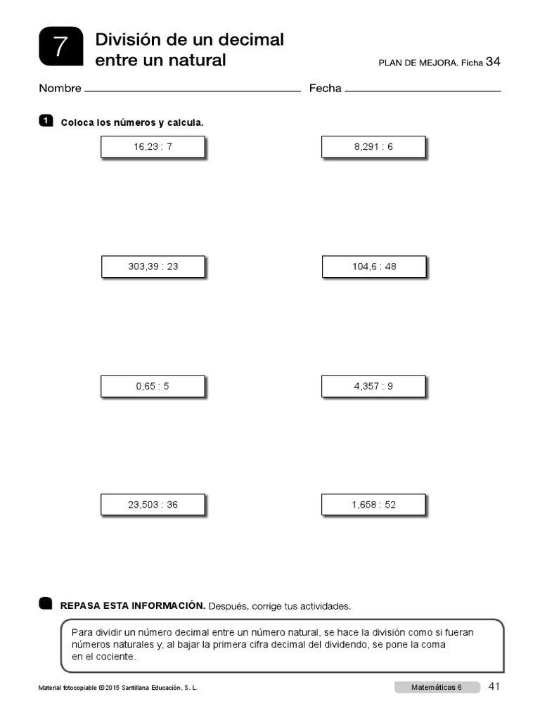 Hoja De Trabajo De División De Decimales, Quinto Grado