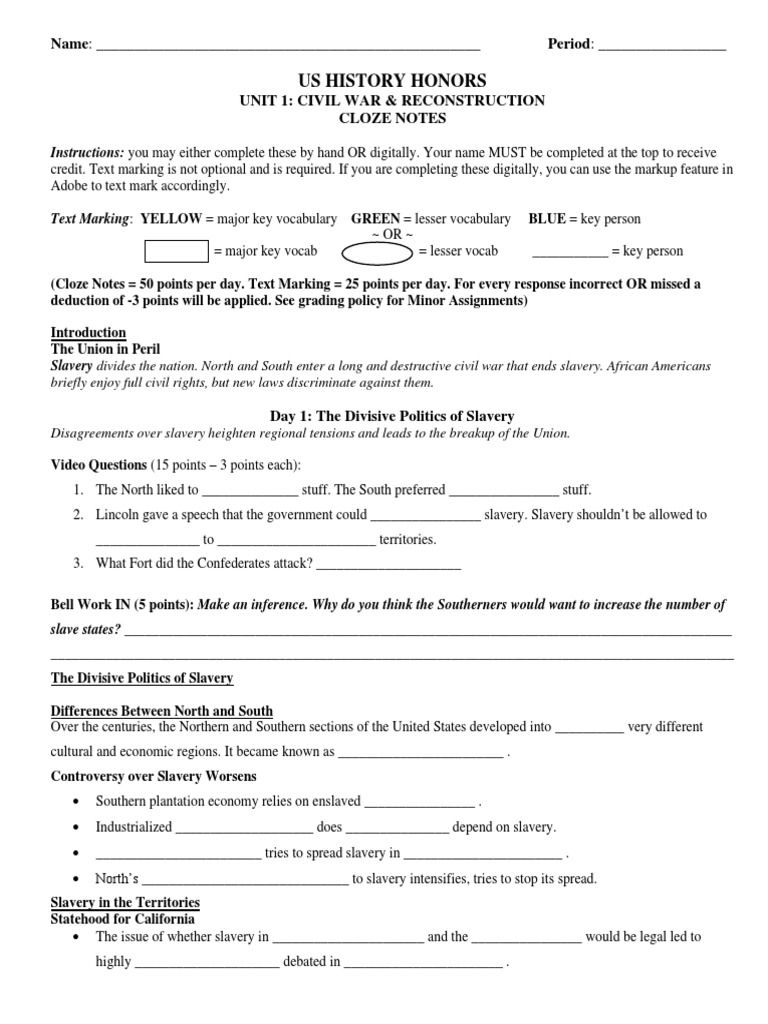 Cloze Notes on Civil War & Reconstruction | PDF | Reconstruction Era ...