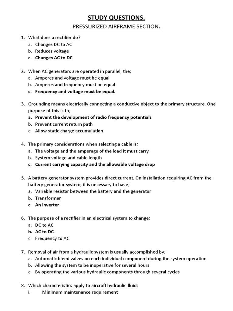 Study Questions.: Pressurized Airframe Section | PDF | Valve | Alternating Current