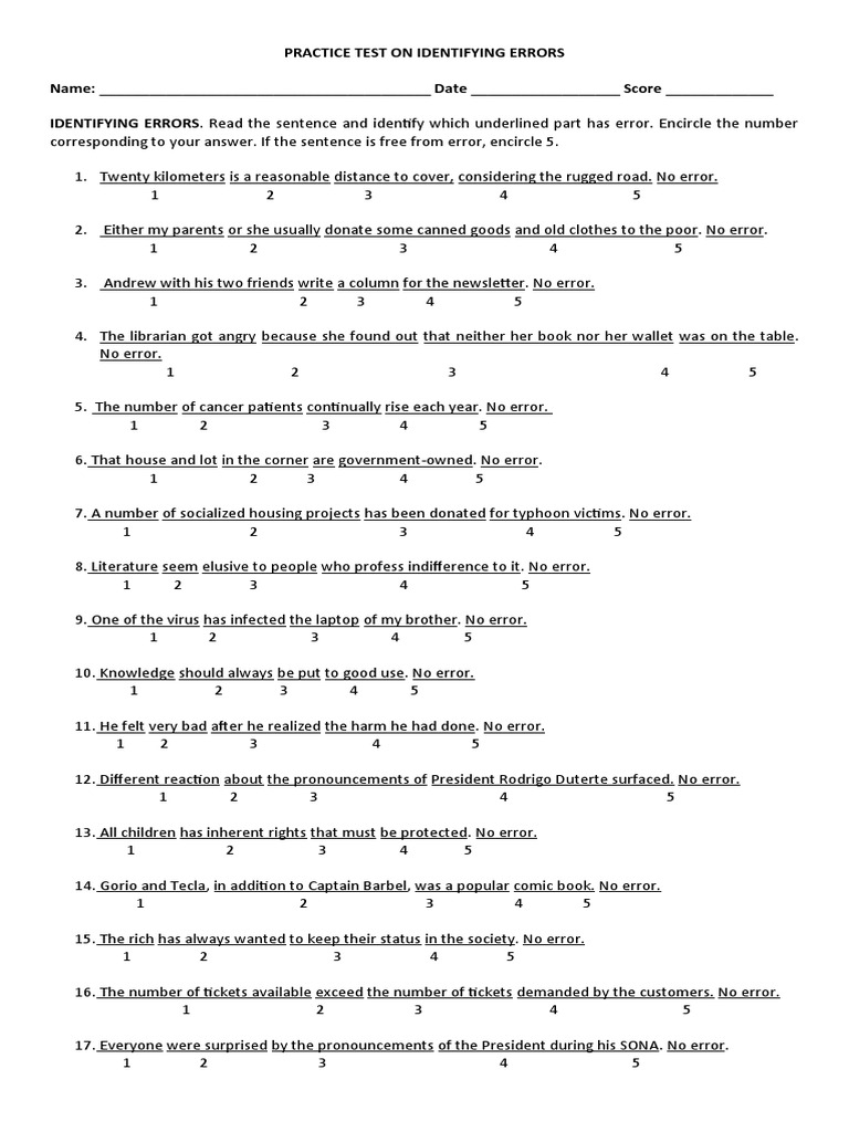 Practice Test in Identifying Errors | PDF