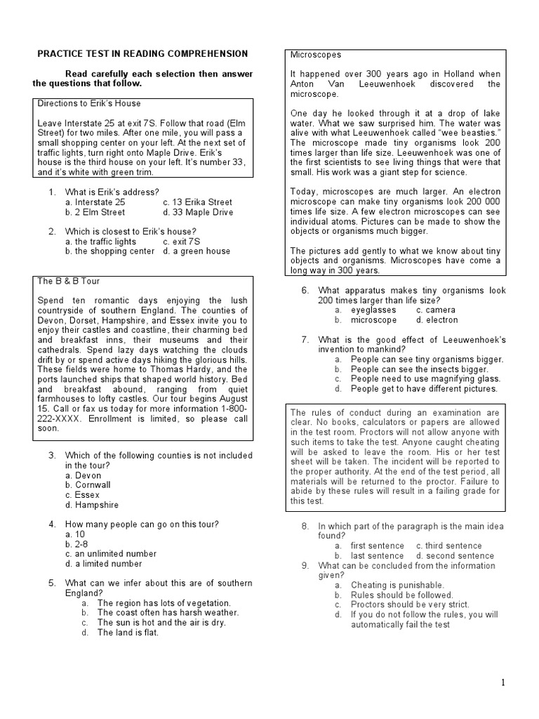 Practice Test in Reading Comprehension | PDF | Balance Of Trade | Meal