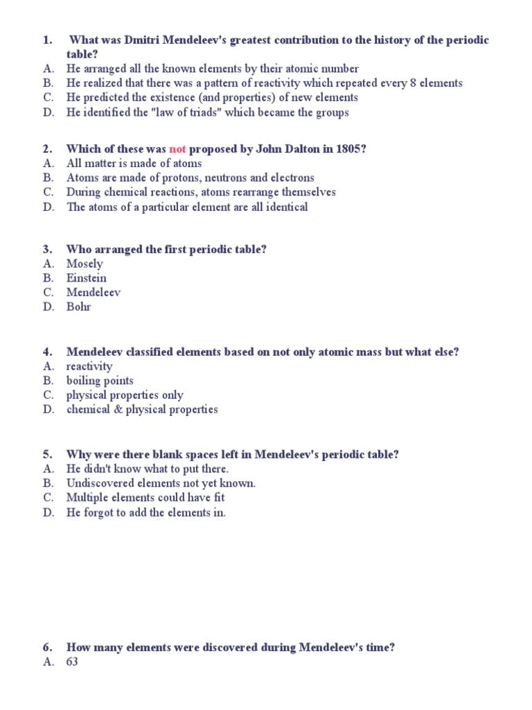 Periodic Table Exam Questions and Answers | PDF | Periodic Table ...