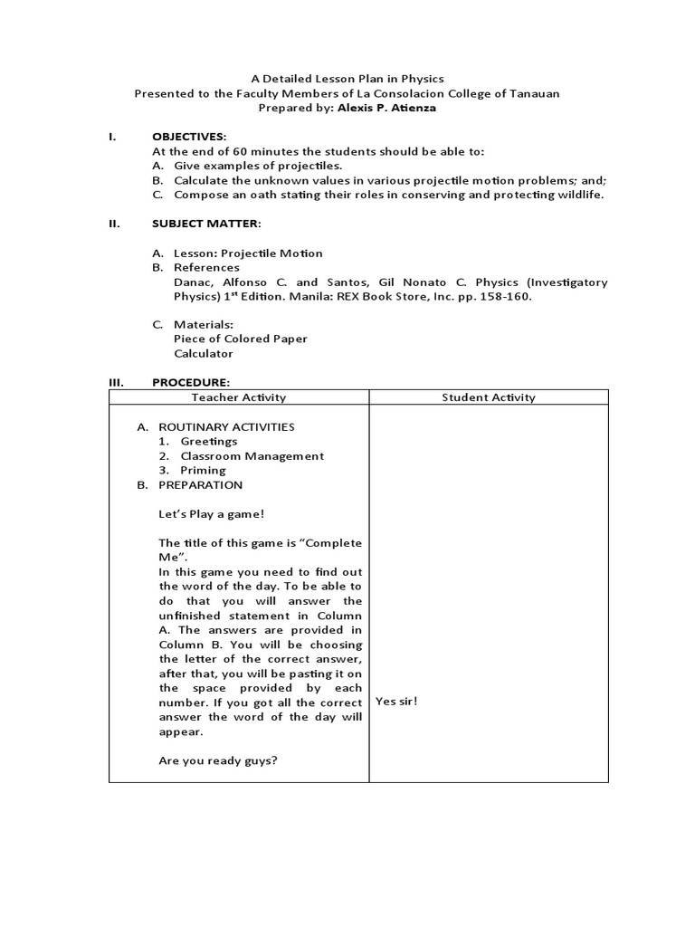 Detailed Lesson Plan in Physics-1 PROJECTILE | PDF | Projectiles ...
