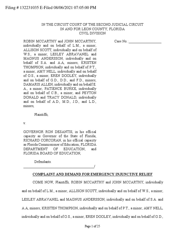 McCarthy Et Al. V DeSantis, El Al. Complaint and Demand For Emergency Injunctive Relief W ...