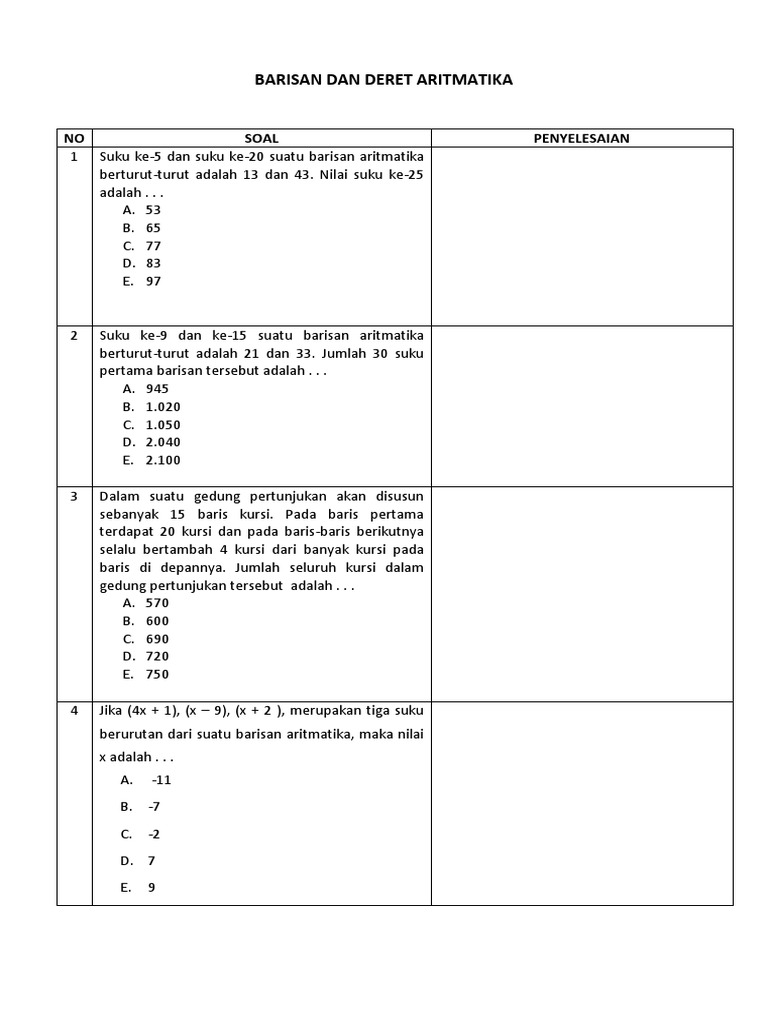 Latih Soal Barisan Dan Deret Aritmatika | PDF | Metode & Bahan Ajar ...