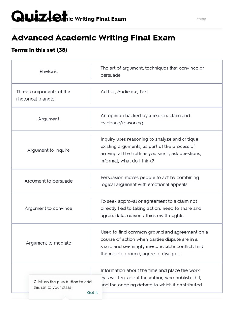 Advanced Academic Writing Final Exam Flashcards - Quizlet | PDF ...