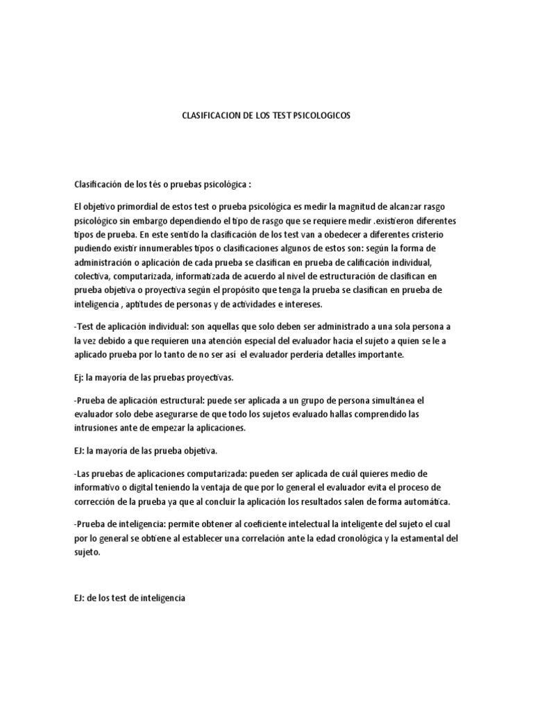 Clasificacion de Los Test Psicologicos | PDF | Inteligencia | Cociente ...