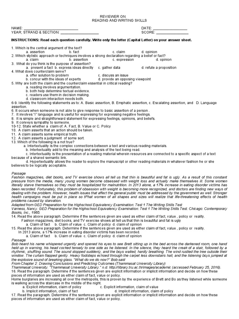 INSTRUCTIONS: Read Each Question Carefully. Write Only The Letter ...