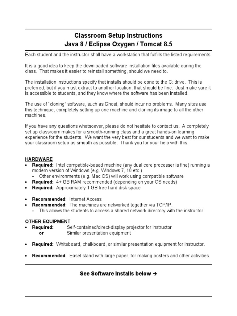 Classroom Setup Instructions Java 8 / Eclipse Oxygen / Tomcat 8.5 | PDF ... Classroom Setup Instructions Java 8 / Eclipse Oxygen / Tomcat 8.5 | PDF ...
