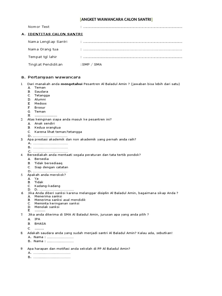 Angket Wawancara Santri | PDF | Karier & Perkembangan | Olahraga & Rekreasi