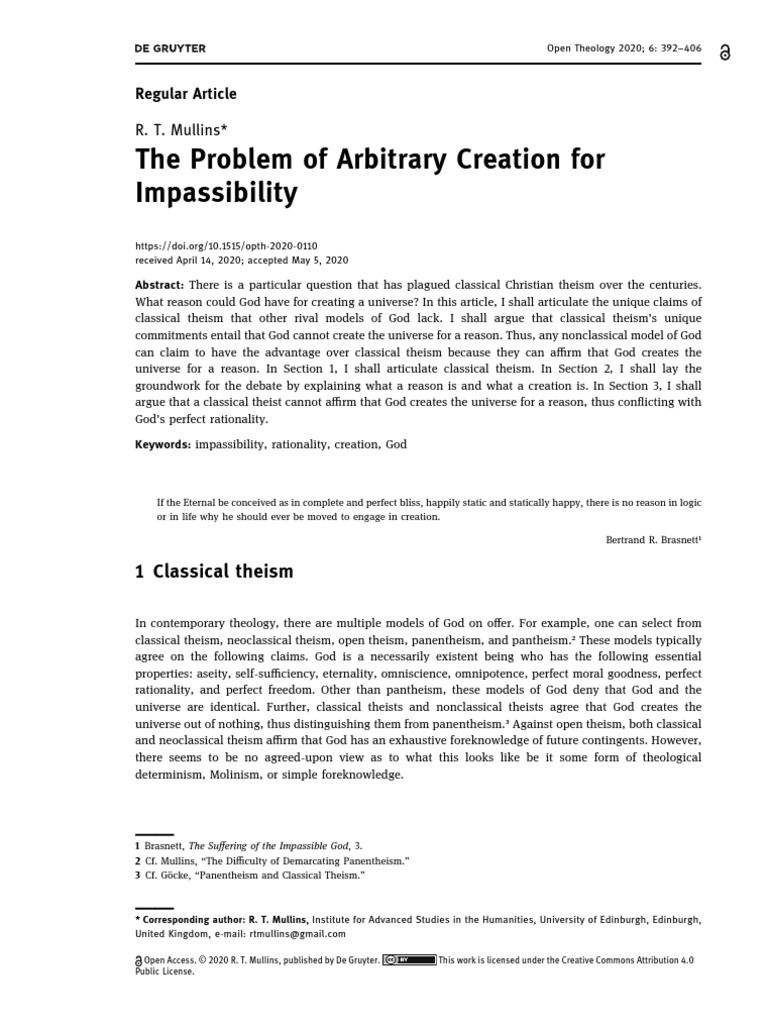 The Problem of Arbitrary Creation For Impassibility: 1 Classical Theism ...