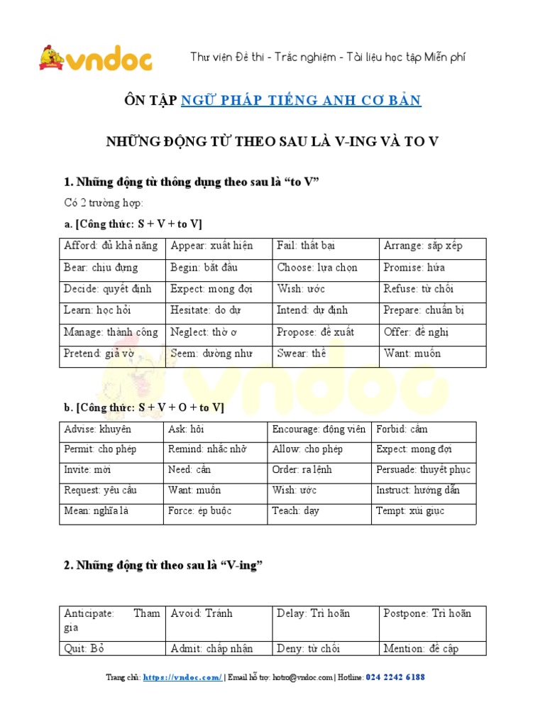 Nhung Dong Tu Theo Sau La Ving Va To V | PDF