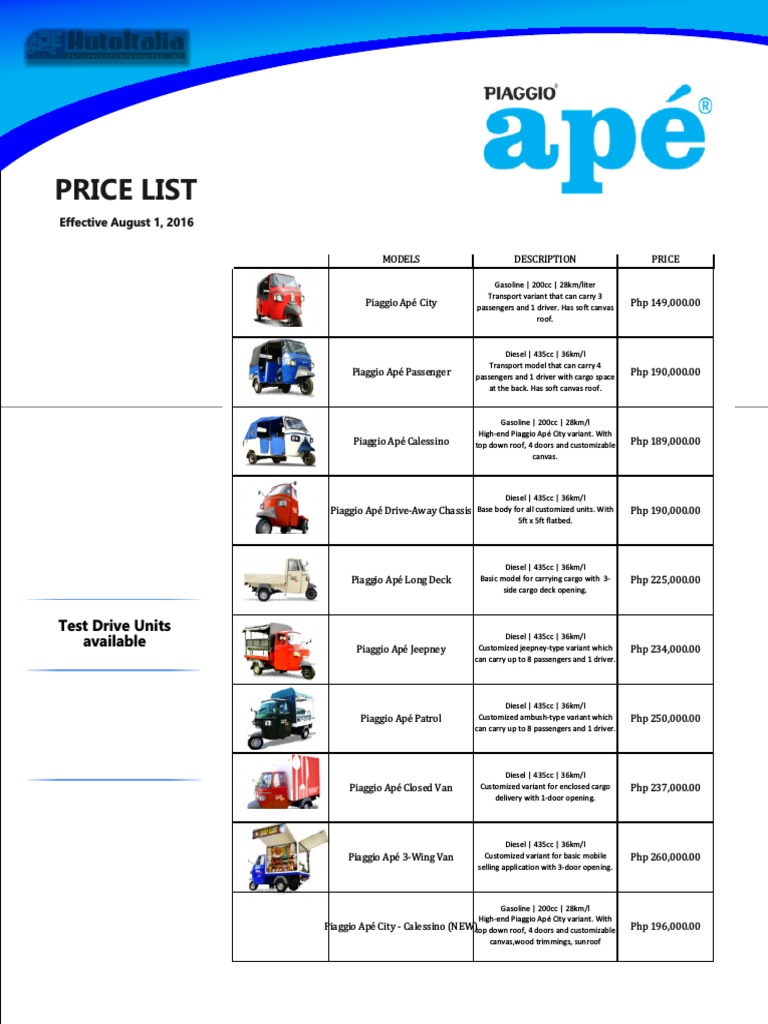 Ape Price List 082317 New Price Increase | PDF | Private Transport ...