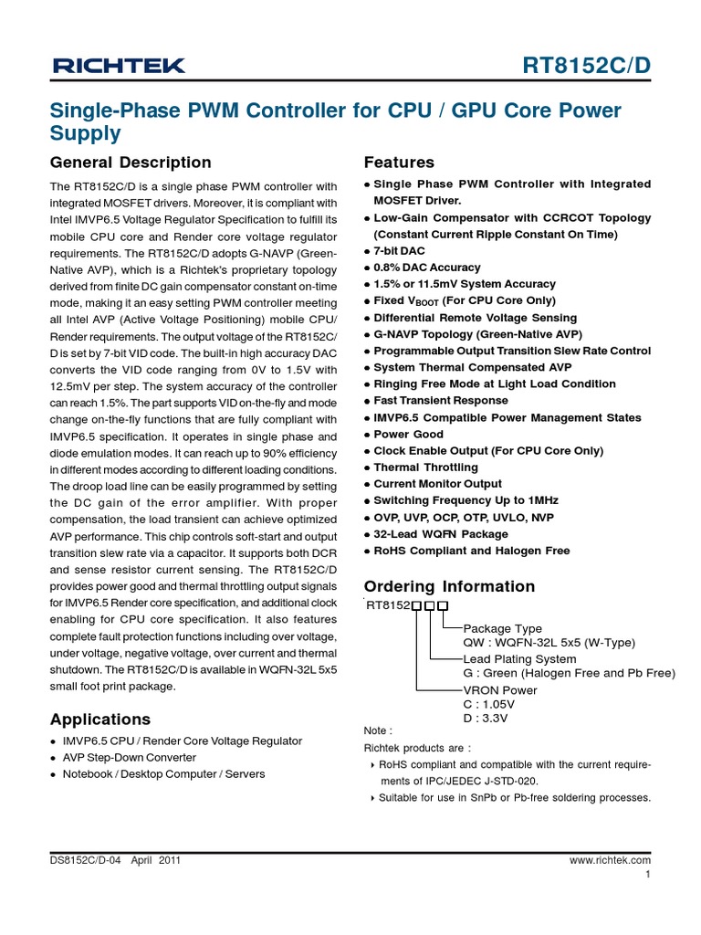 Single-Phase PWM Controller For CPU / GPU Core Power Supply: RT8152C/D | PDF | Amplifier ...