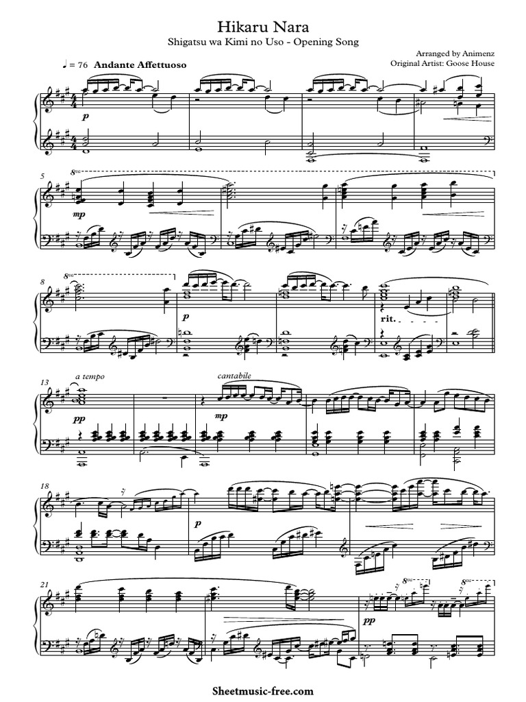 Hikaru Nara Sheet Music Shigatsu Wa Kimi No Uso (SheetMusic Free - Com ...
