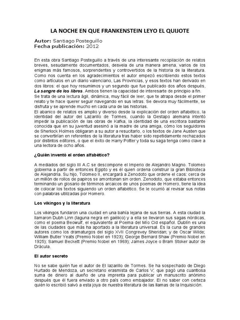 La Noche en Que Frankenstein Leyo El Quijote 2 | PDF | William Shakespeare | Mary Shelley
