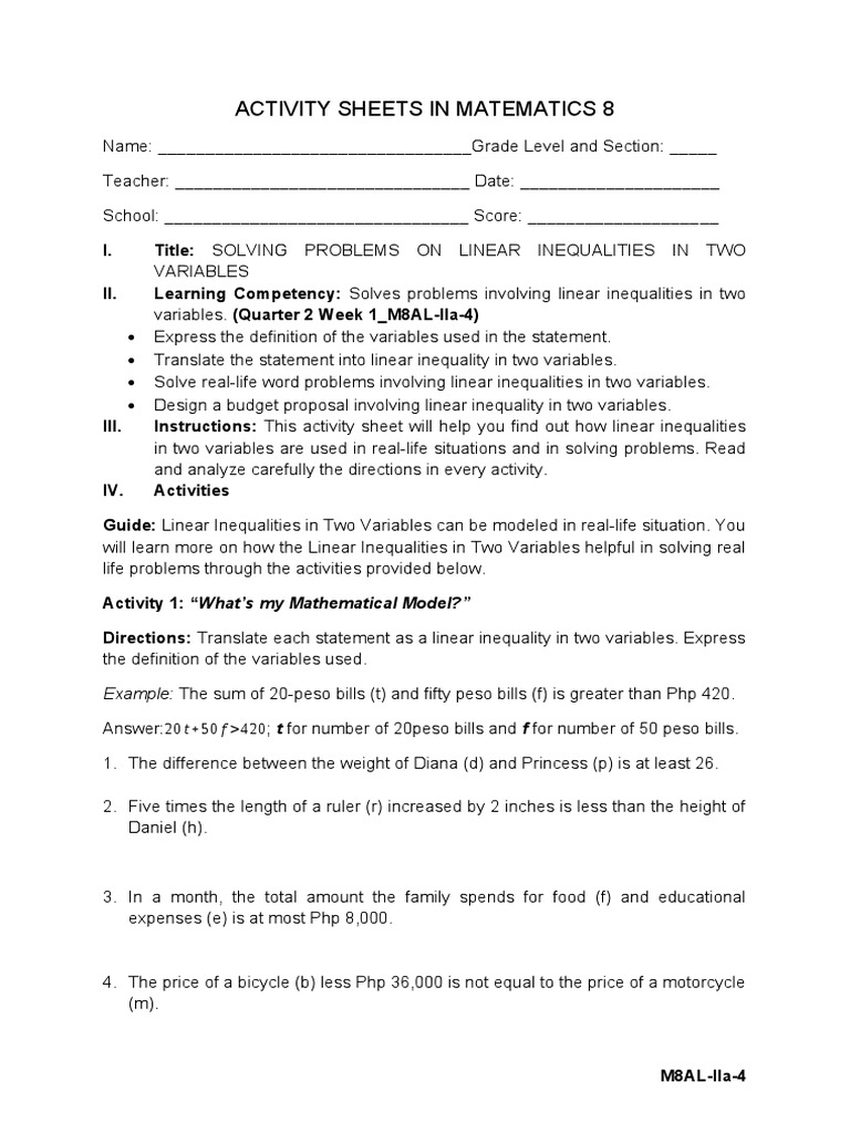 Solving Problems Involving Linear Inequalities | PDF | Linearity | Variable (Mathematics)