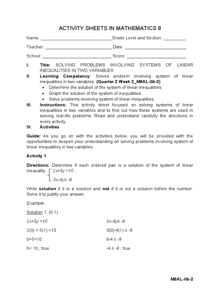 Solving Linear Inequalities Activities | PDF | Equations | Linearity