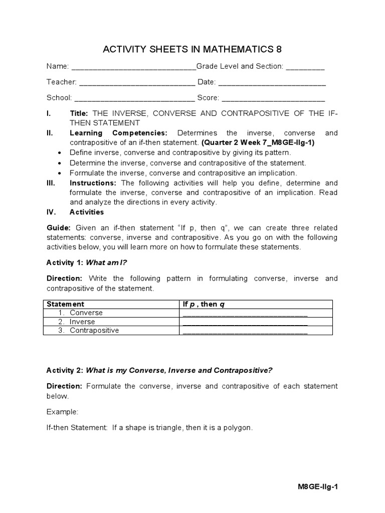 Inverse, Converse and Contrapositive | PDF | Rectangle | Angle