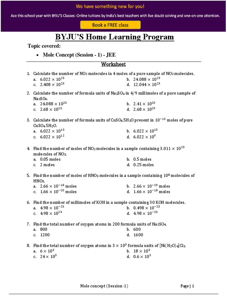 Mole Concept S1 Worksheets April 15 | Download Free PDF | Mole (Unit ...
