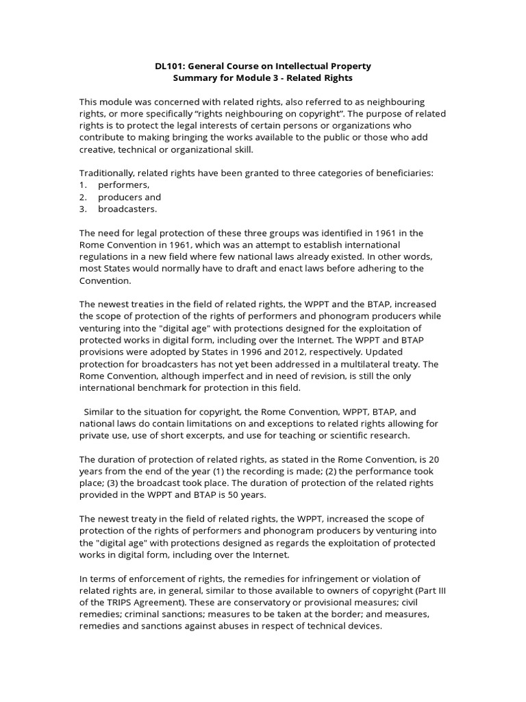 Summary For Module 03 - Related Rights | PDF | Copyright | Business Law