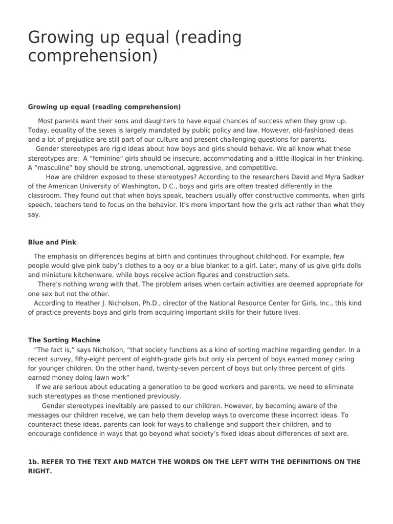 Growing Up Equal Reading Comprehension 20210807 064107 | PDF | Gender ...
