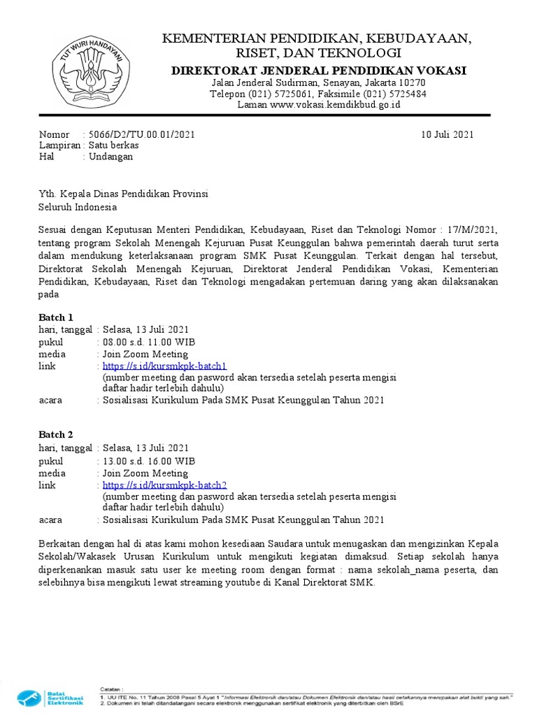 13 Juli 2021 - Undangan Sosialisasi Kurikulum - Dinas (SMK Batch 1 & Batch 2) | PDF