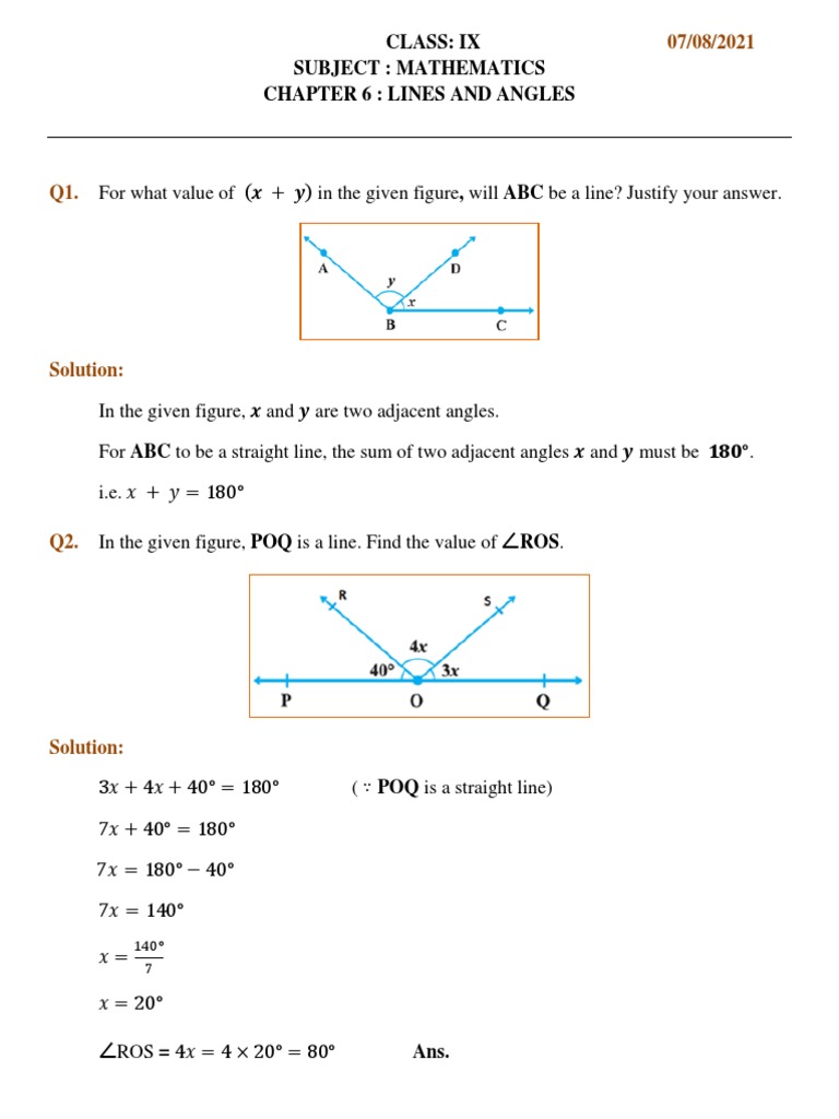 Class IX Maths CH-6 - SOLUTIONS | PDF | Geometry | Elementary Geometry