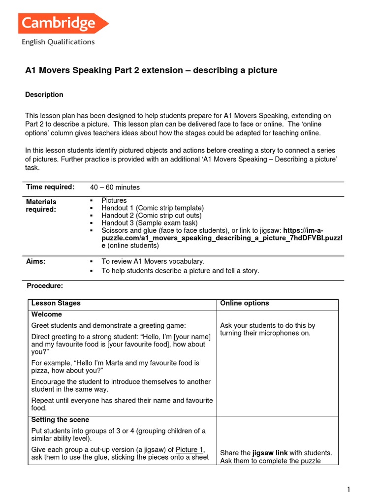 A1 Movers Picture Description Lesson | PDF | Lesson Plan | Communication